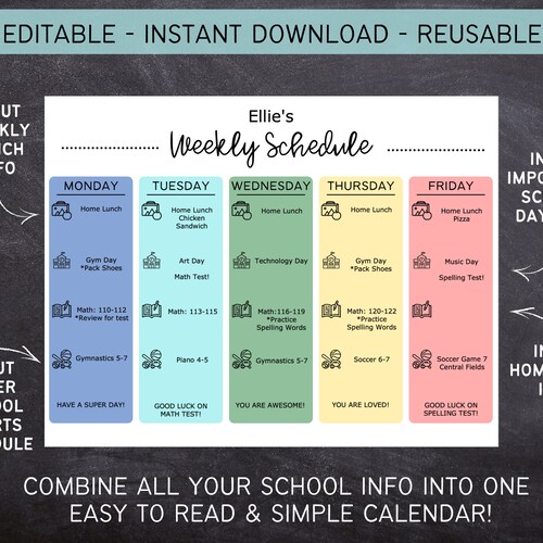 Printable Editable Weekly Schedule Simple Kids School and - Etsy