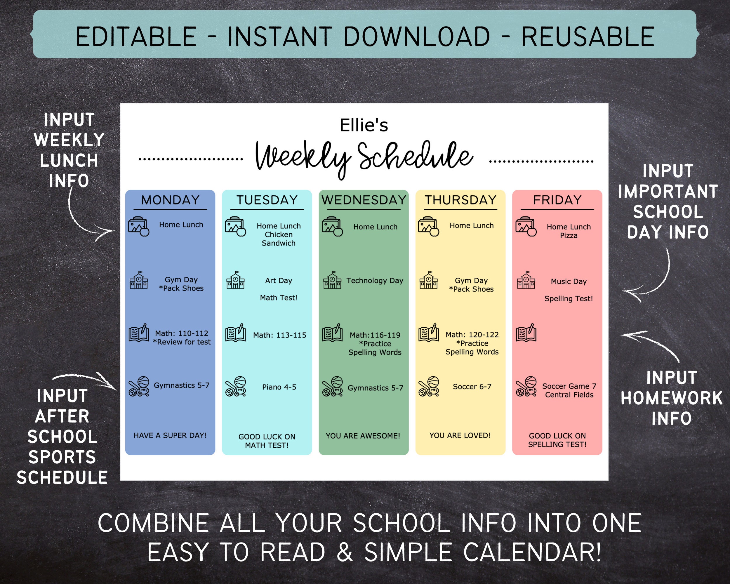 Printable Editable Weekly Schedule Simple Kids School and - Etsy