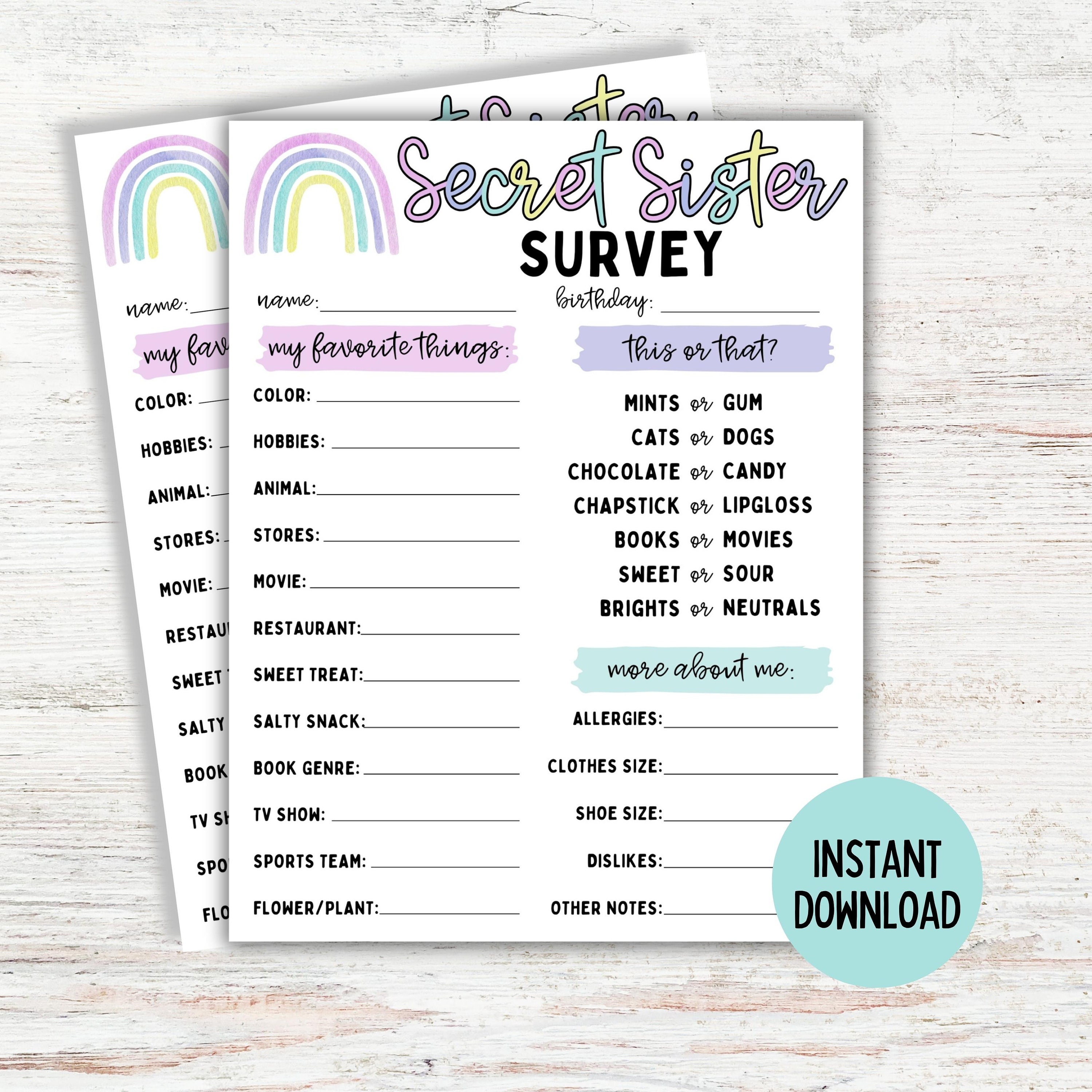 Secret Sisters Questionnaire Forms Secret Sister Questionnaire