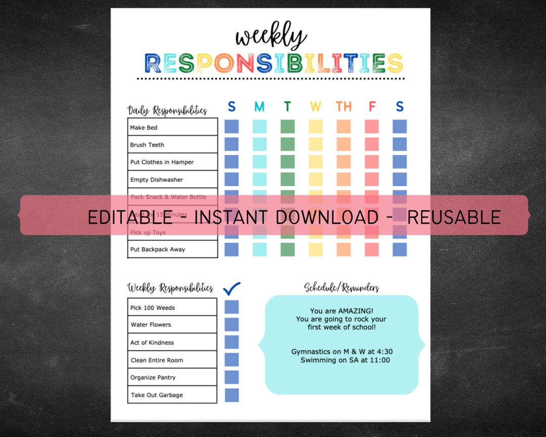 Printable Editable Daily & Weekly Kids Chore Responsibility Chart ...