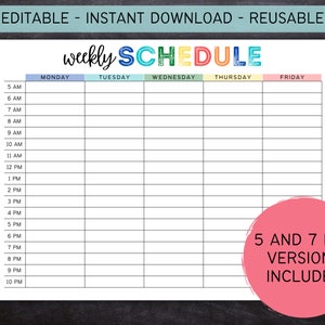Printable Editable Hourly Weekly Schedule Weekly School - Etsy