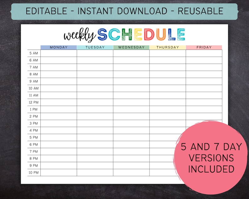 Printable Editable Hourly Weekly Schedule Weekly School - Etsy