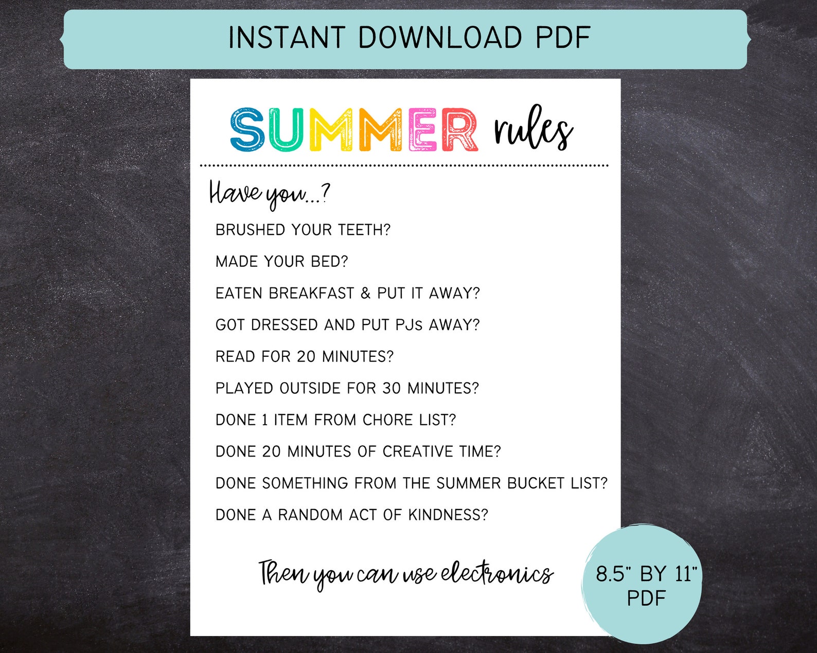 Printable SUMMER Rules for Kids Chore Chart for Kids - Etsy