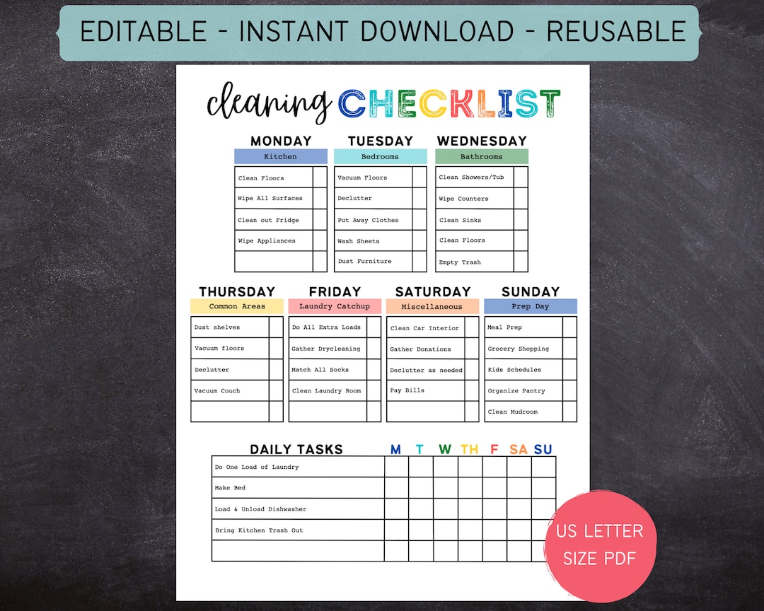 Printable Editable Cleaning Checklist for Kids | Weekly Cleaning ...