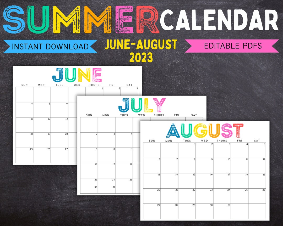 Printable Editable SUMMER Calendar June, July, August Calendar June ...