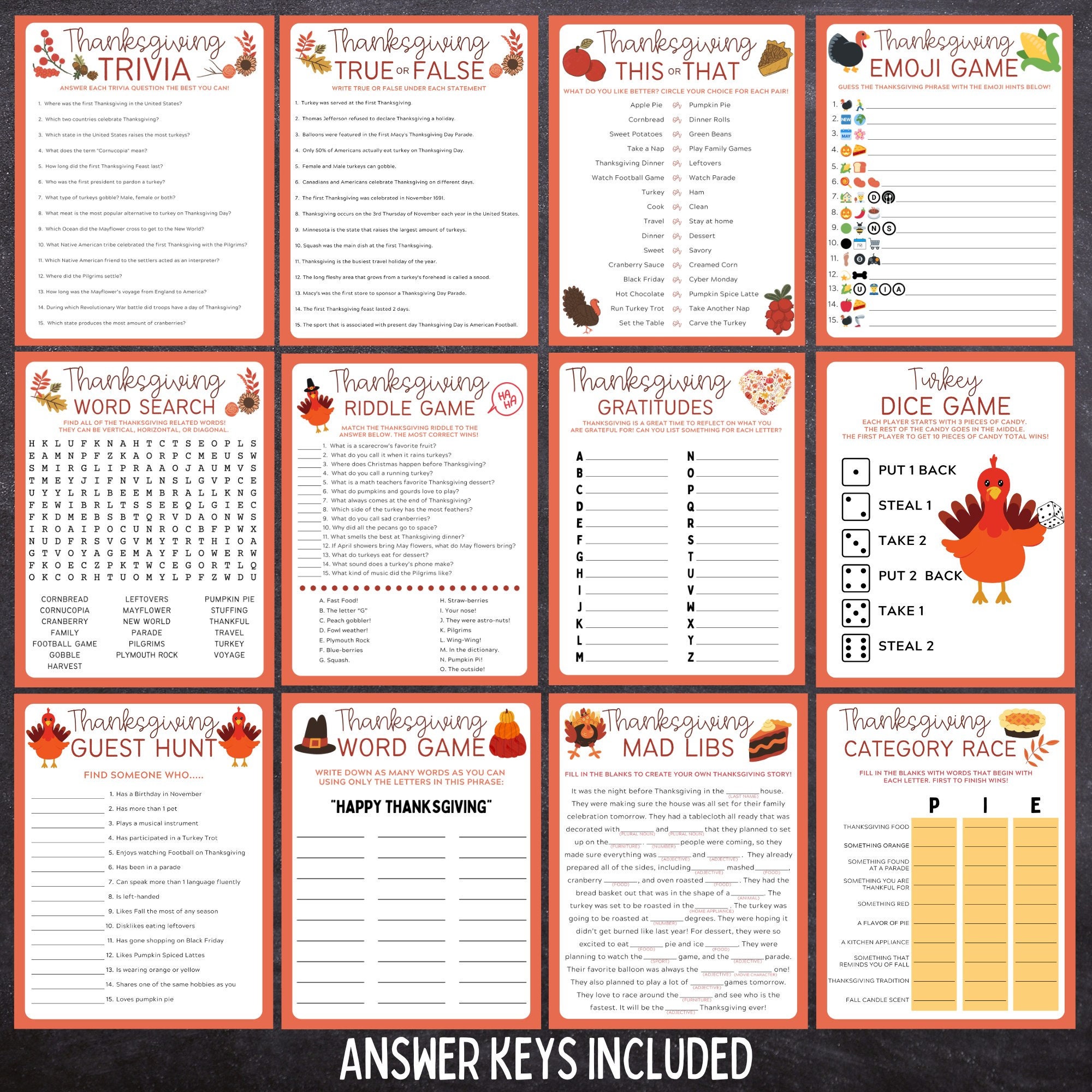Thanksgiving Printable Games | Thanksgiving Games Bundle | Thanksgiving ...