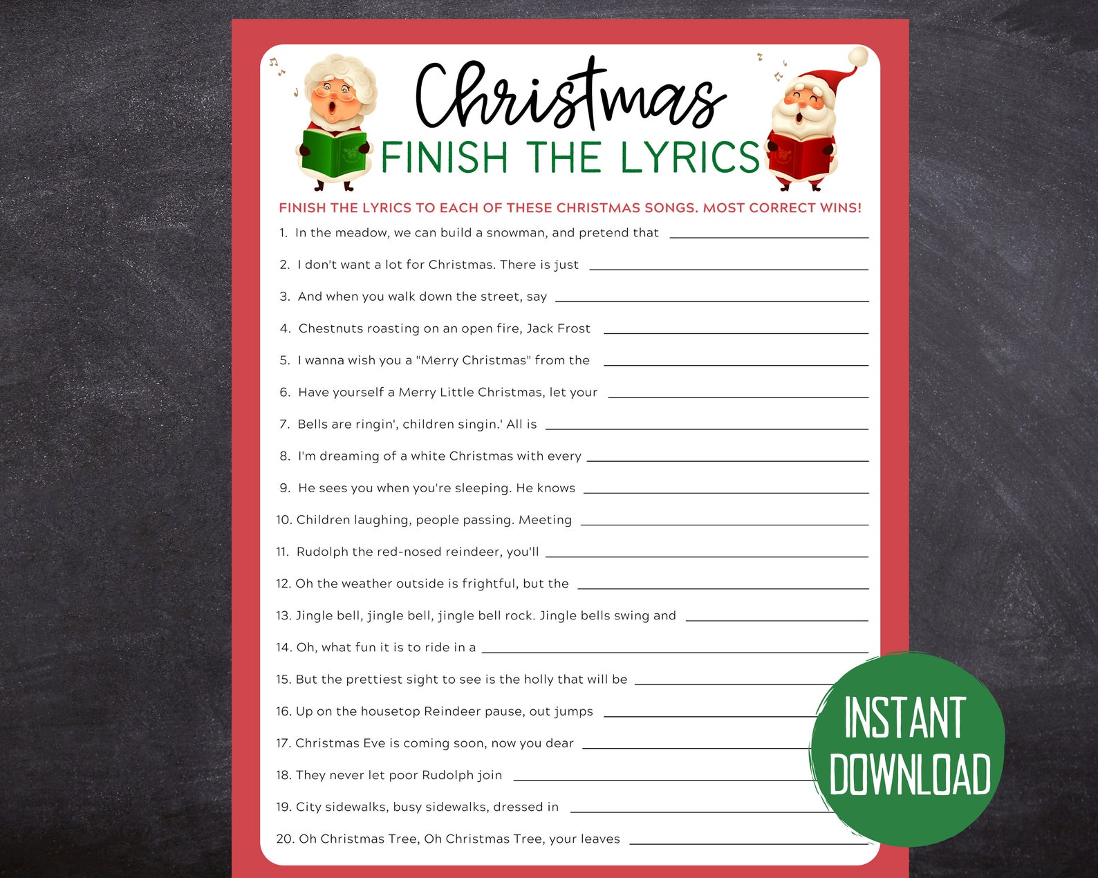 Christmas Song Trivia Game Finish the Lyrics Christmas - Etsy