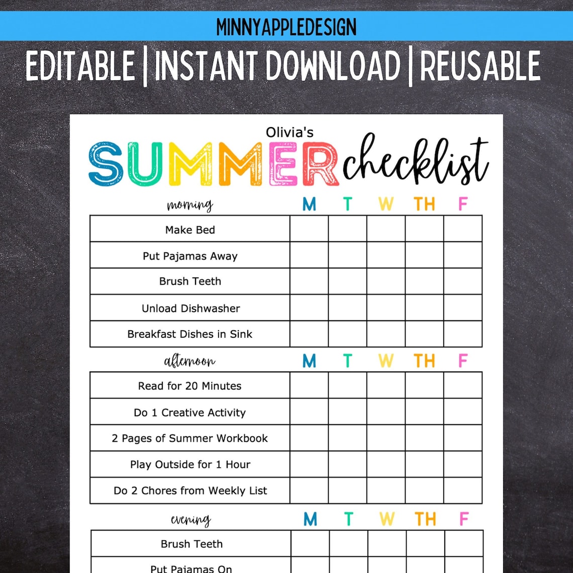 Printable Editable SUMMER Daily Checklist for Kids | Chore Chart for ...