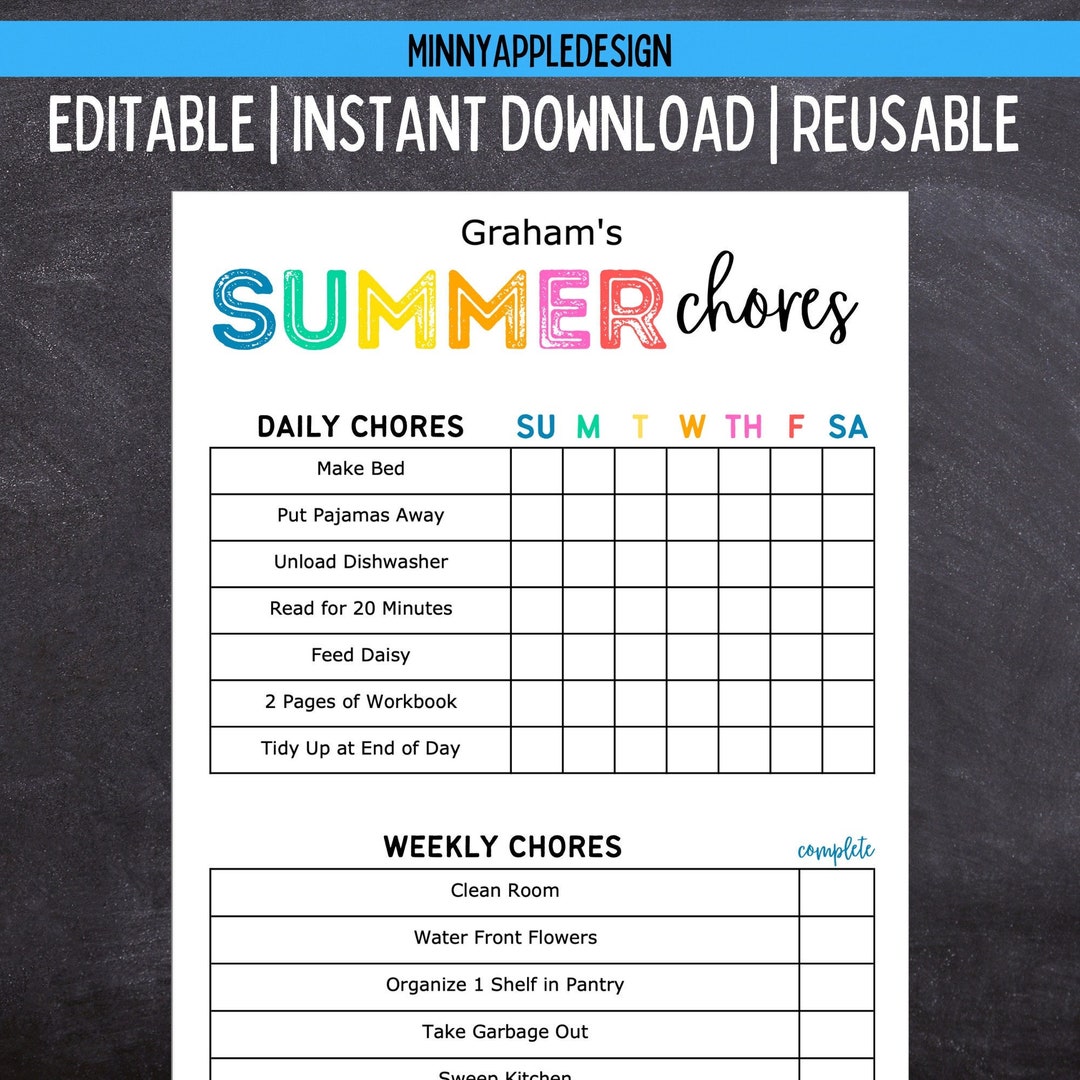 Printable Editable SUMMER Daily & Weekly Kids Chore Responsibility ...