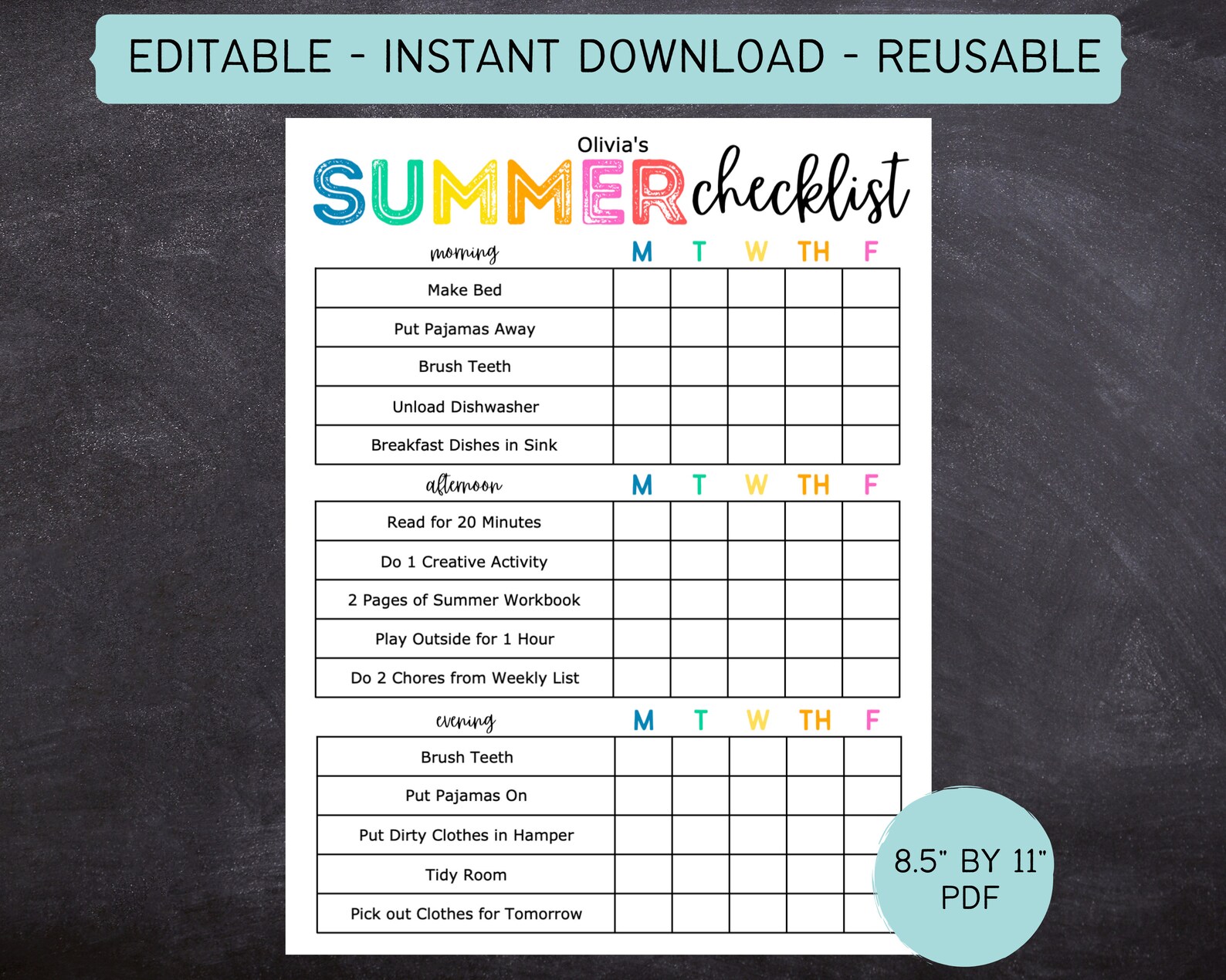Printable Editable SUMMER Daily Checklist for Kids Chore - Etsy