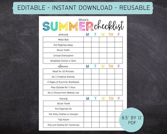 Printable Editable SUMMER Daily Checklist for Kids Chore - Etsy