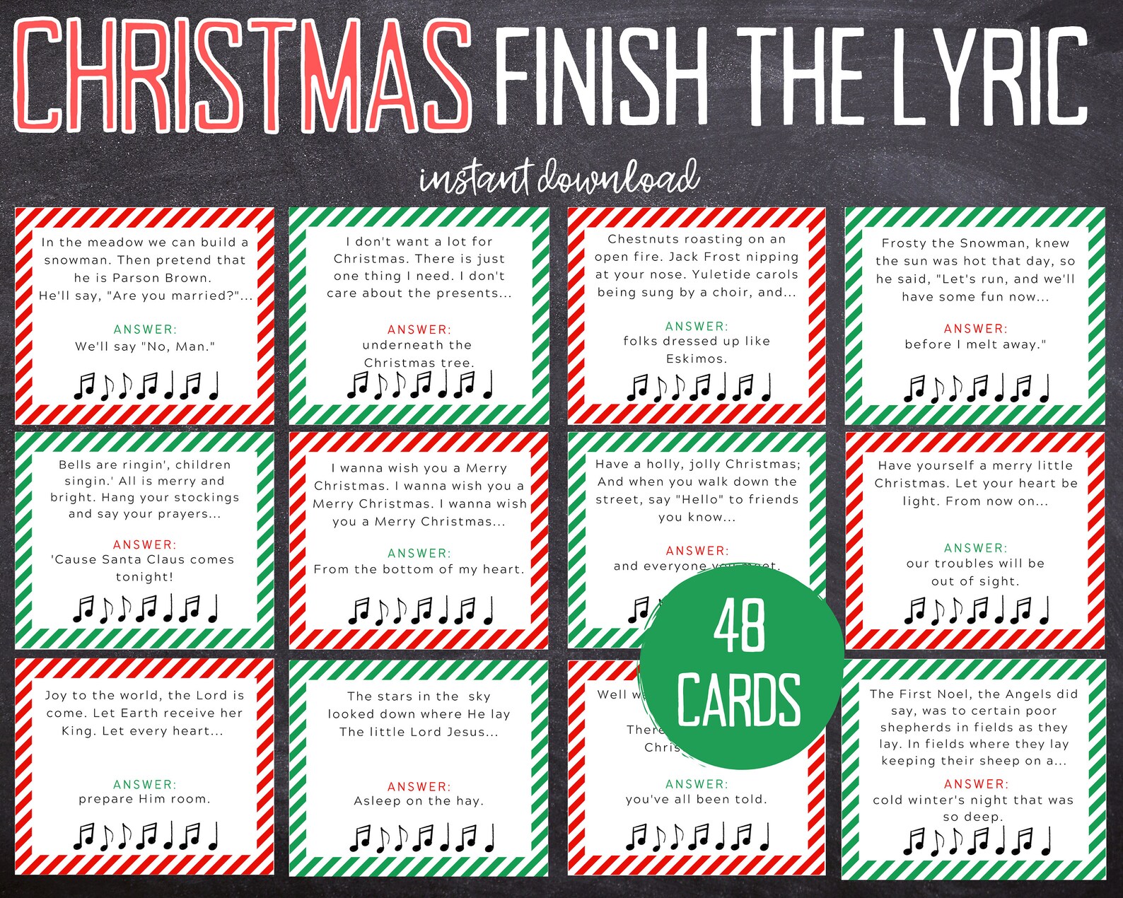 Christmas Carol Finish the Lyric Game Printable Christmas - Etsy Canada