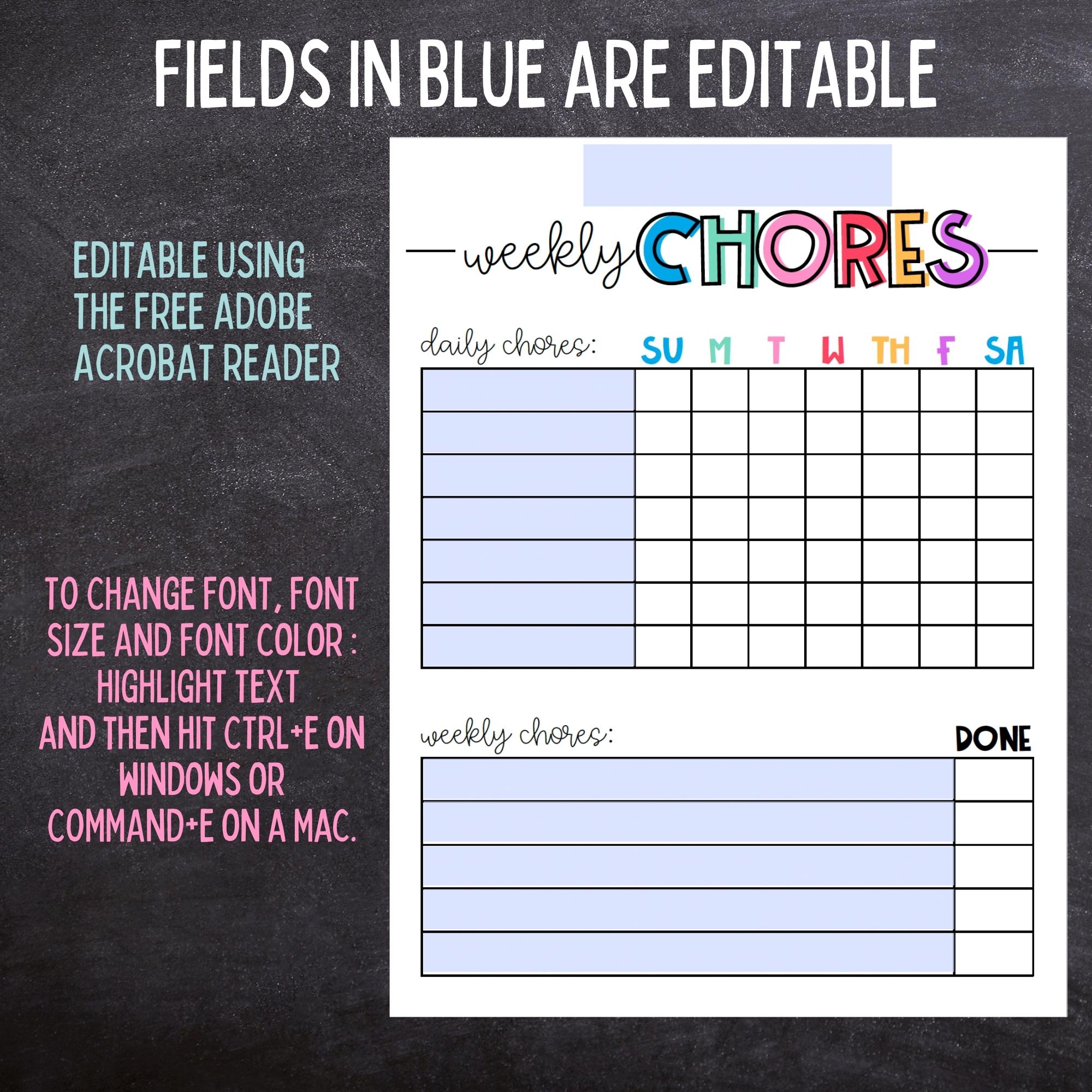 Printable Editable Daily & Weekly Kids Chore Responsibility Chart ...
