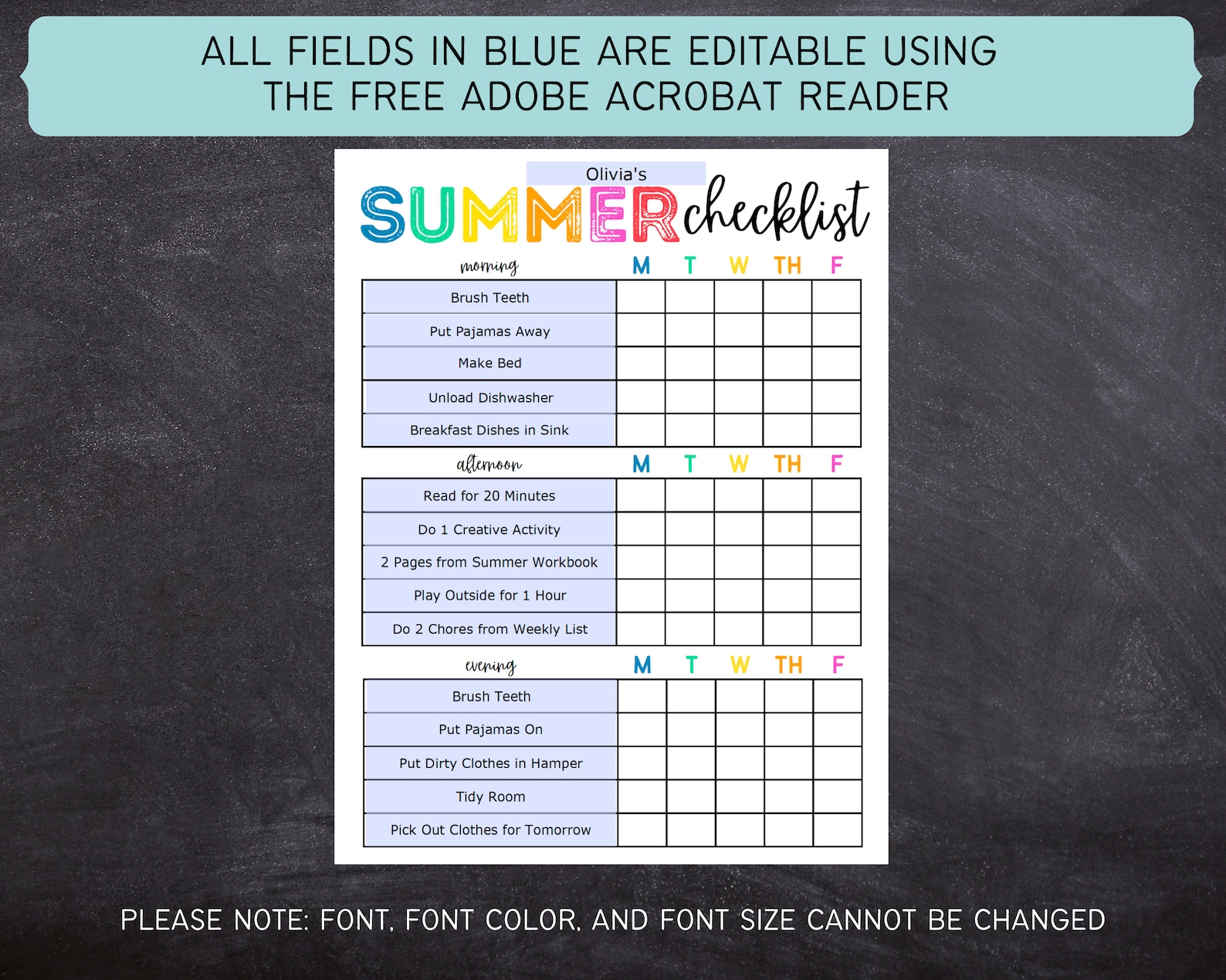 Printable Editable SUMMER Daily Checklist for Kids Chore - Etsy