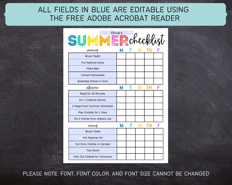 Printable Editable SUMMER Daily Checklist for Kids Chore - Etsy