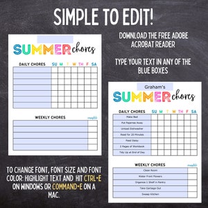 Printable Editable SUMMER Daily & Weekly Kids Chore Responsibility ...