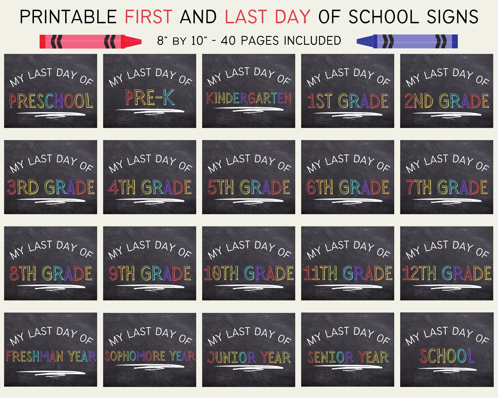First AND Last Day of School Printable Signs 8 by 10 Back to | Etsy