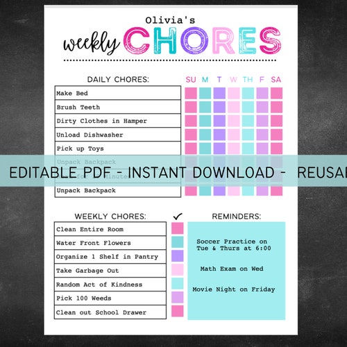 Printable Editable Daily & Weekly Kids Chore Responsibility - Etsy