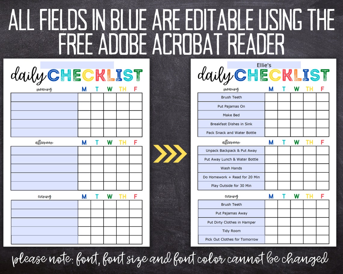 Printable Editable Daily Checklist for Kids Teens and Adults - Etsy