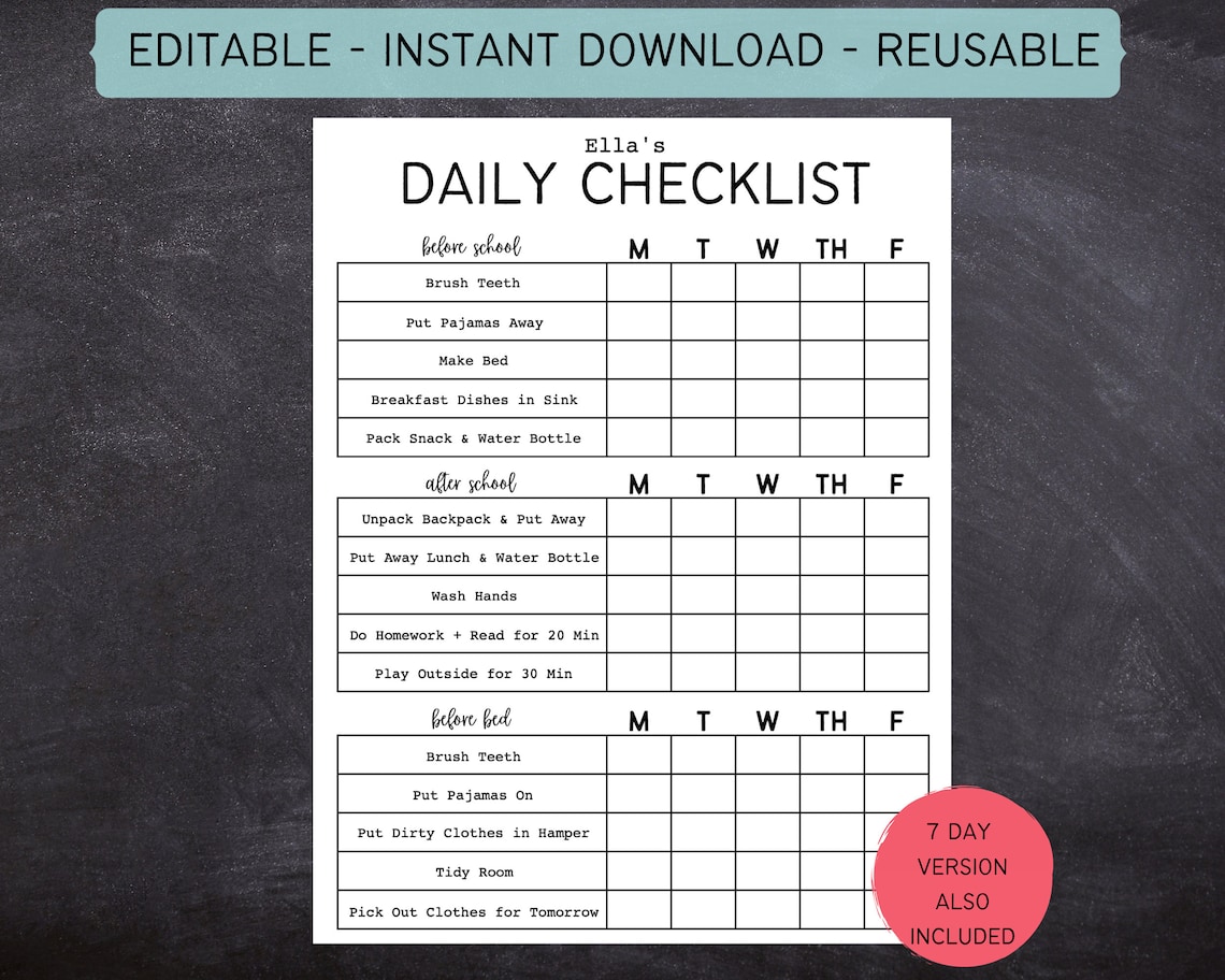 Printable Editable Daily Checklist for Kids | Chore Chart for Kids ...