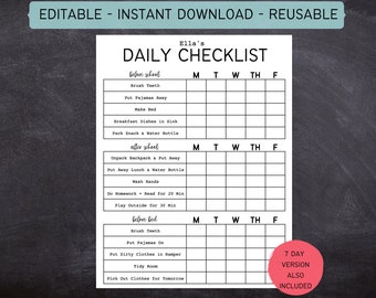 Chore Chart, Printable Editable Daily Checklist for Kids, Chore Chart ...