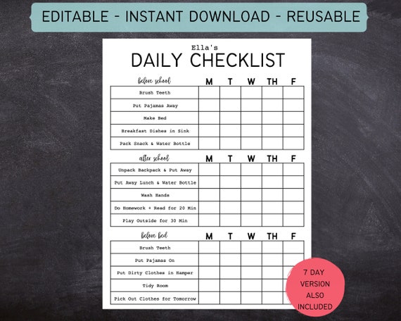 Printable Editable Daily Checklist for Kids Chore Chart for - Etsy