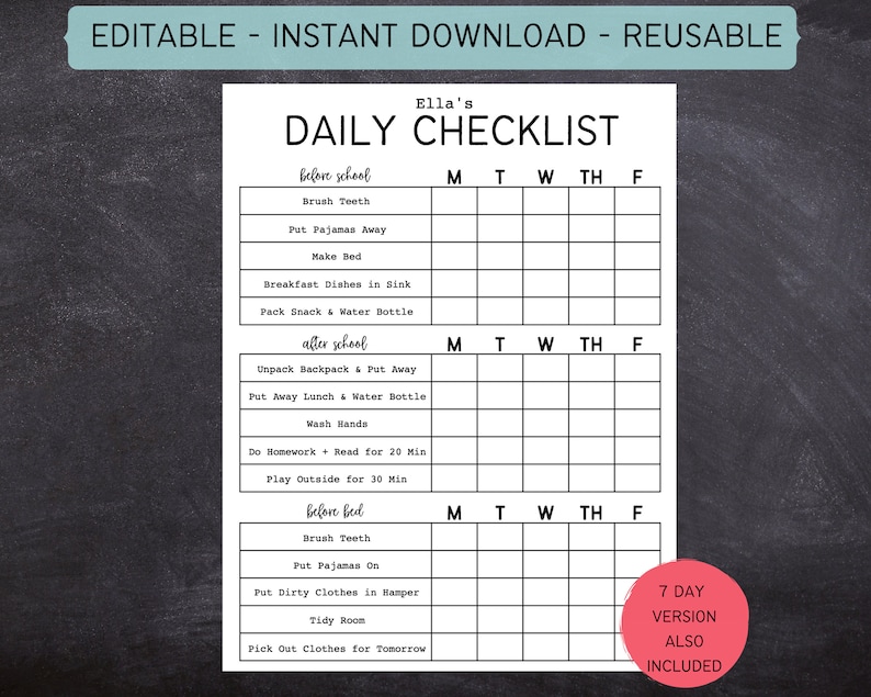 Printable Editable Daily Checklist for Kids Chore Chart for - Etsy