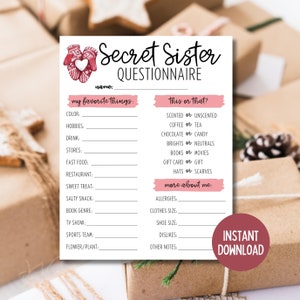 Printable Secret Sister Questionnaire | Gift Exchange Survey | Church ...