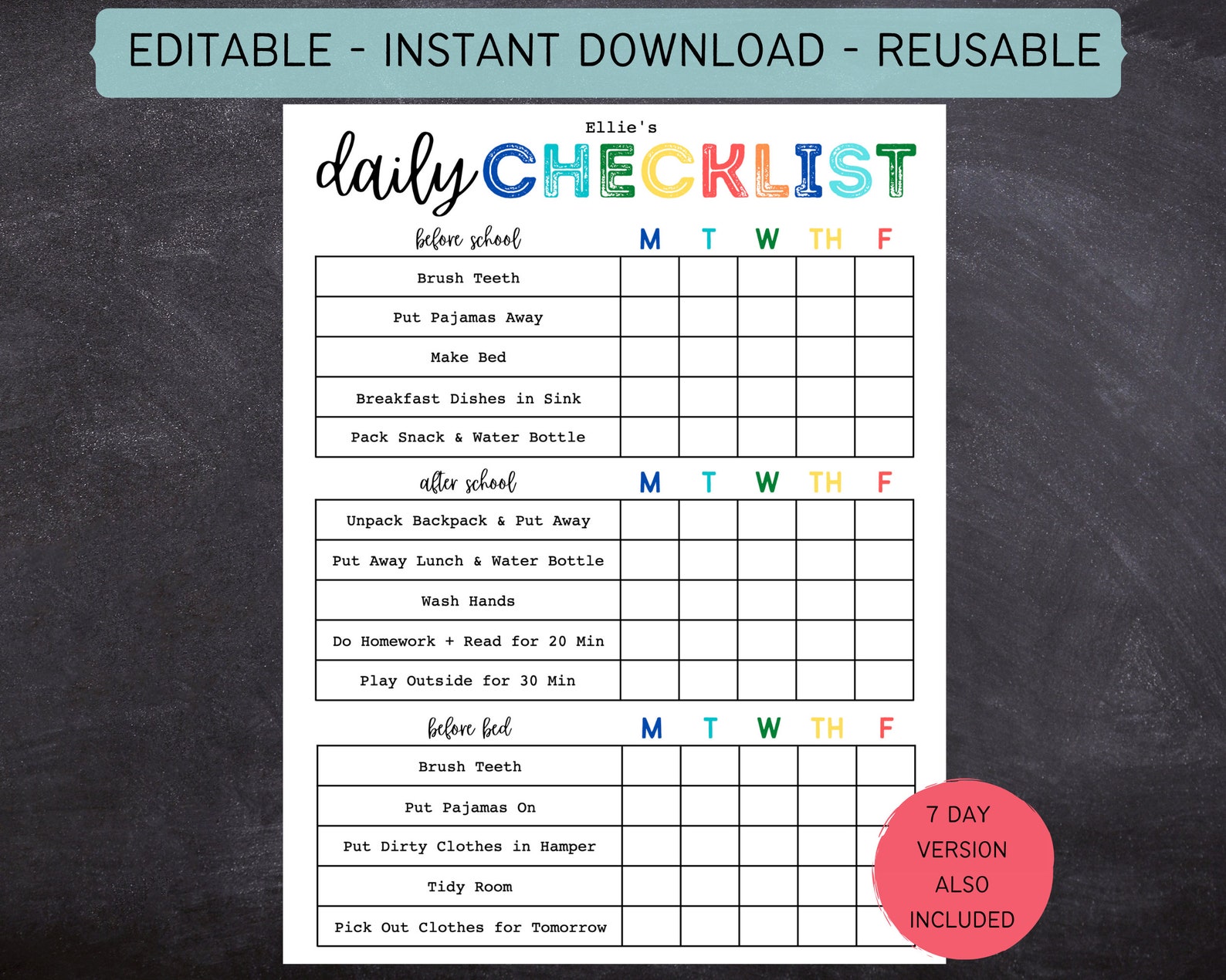 Printable Editable Daily Checklist for Kids Chore Chart for - Etsy