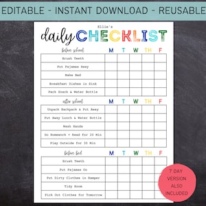 Printable Editable Daily Checklist for Kids Chore Chart for - Etsy