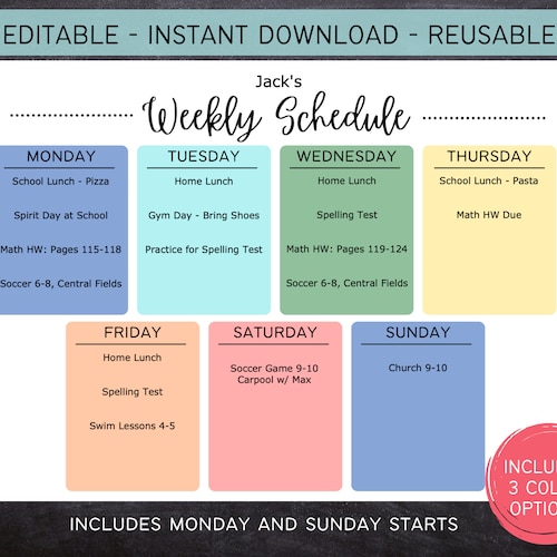 Printable Editable Weekly Schedule Simple Kids School and | Etsy