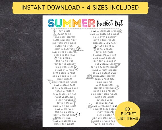 Printable SUMMER Bucket List US Letter A4 Poster Size US - Etsy