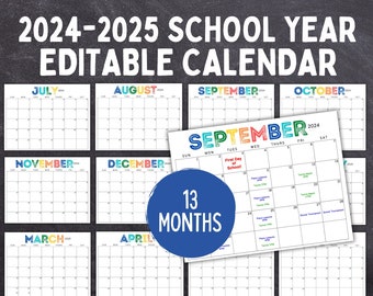 Editable School Year Calendar Printable 2024-2025 | Portrait Monthly ...
