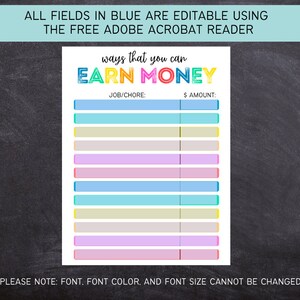 Printable Editable Kids Chore and Responsibility Chart Ways to Earn ...