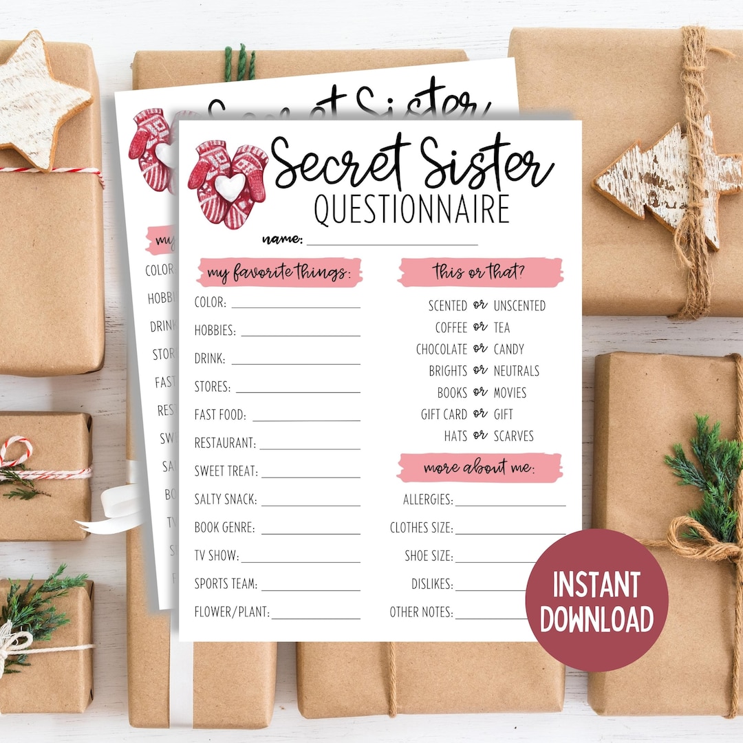 Printable Secret Sister Questionnaire | Gift Exchange Survey | Church ...