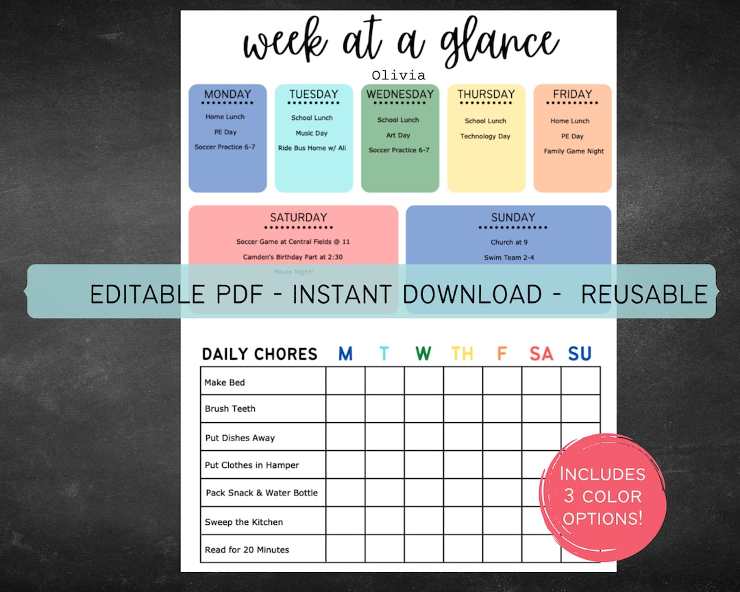 Printable Editable Kids Week at a Glance | Kids Chore Responsibility ...