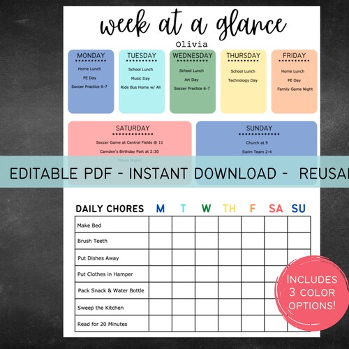 Printable Editable Daily & Weekly Kids Chore Responsibility - Etsy