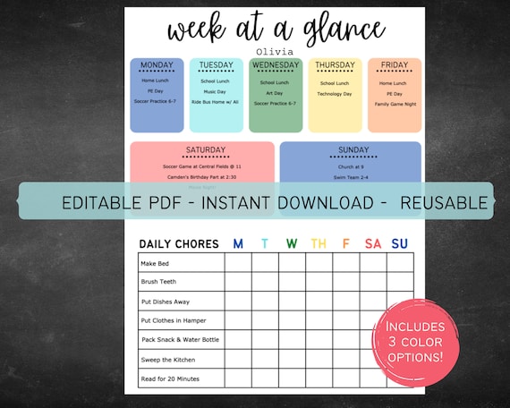 Printable Editable Kids Week at a Glance Kids Chore - Etsy