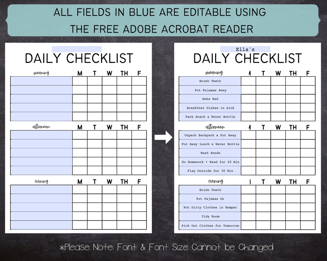 Printable Editable Daily Checklist for Kids Teens and Adults | Etsy