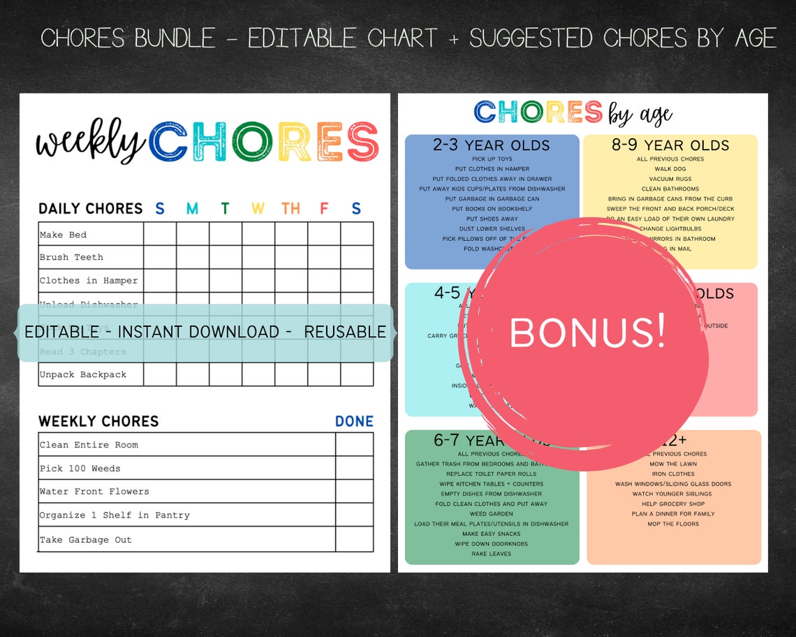 Printable Editable Daily & Weekly Kids Chore Chart Reward - Etsy