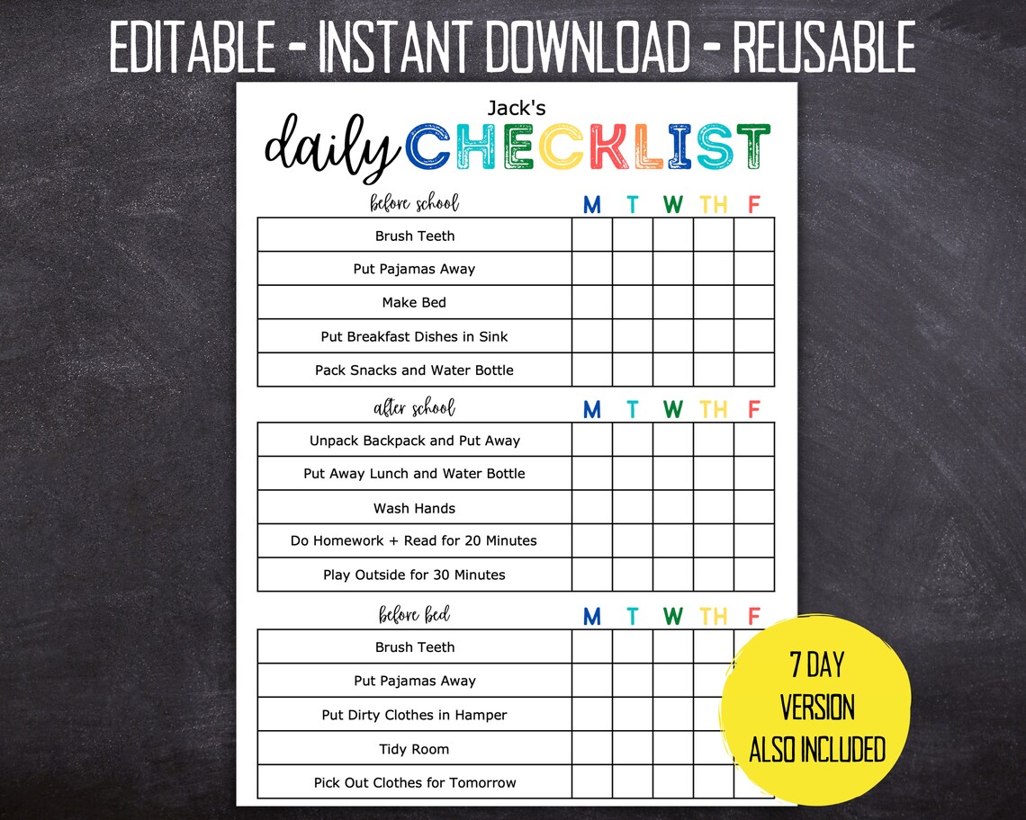 Printable Editable Daily Checklist for Kids | Chore Chart for Kids ...