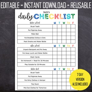 Printable Editable Daily Checklist for Kids | Chore Chart for Kids ...