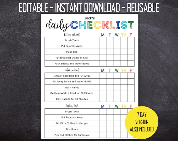 Printable Editable Cleaning Checklist for Kids Weekly Cleaning Schedule ...