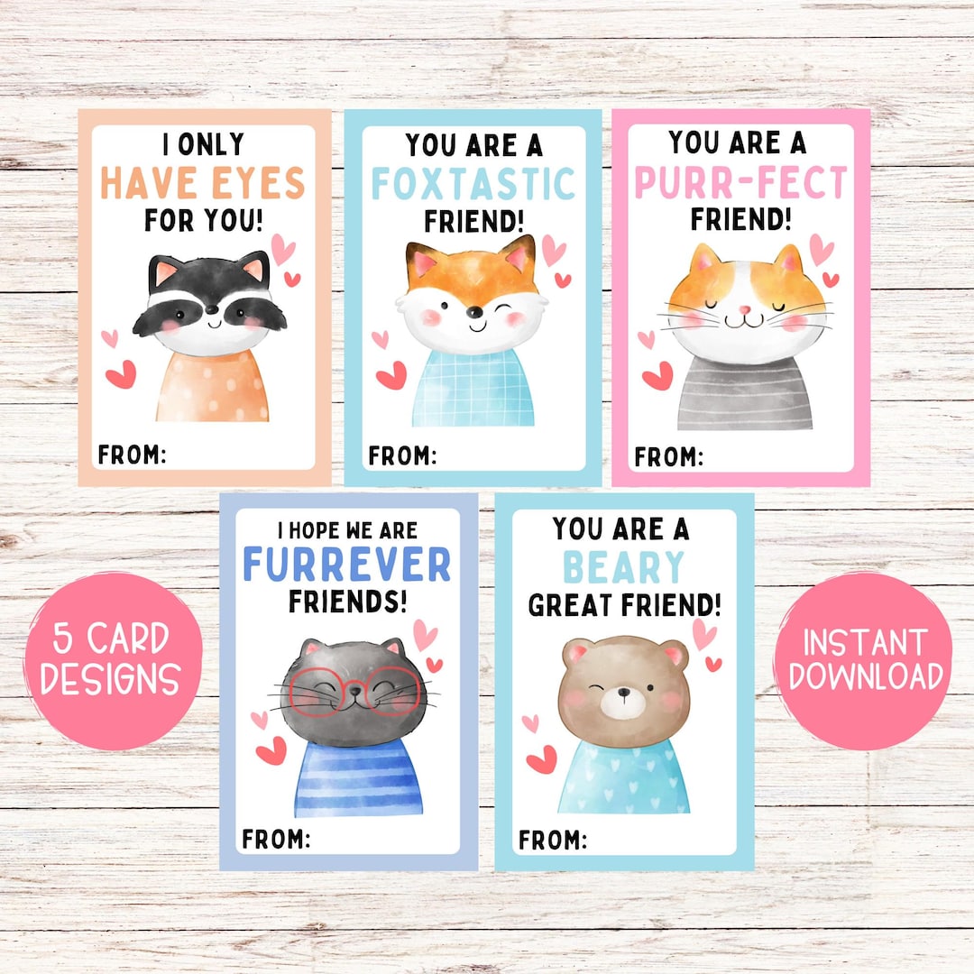 Valentines Day Printable Cards | Classroom Valentines Cards | Animal ...