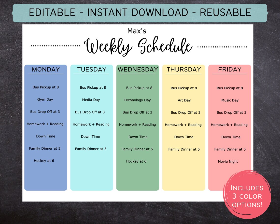 Printable Editable Weekly Schedule Simple Kids School and | Etsy