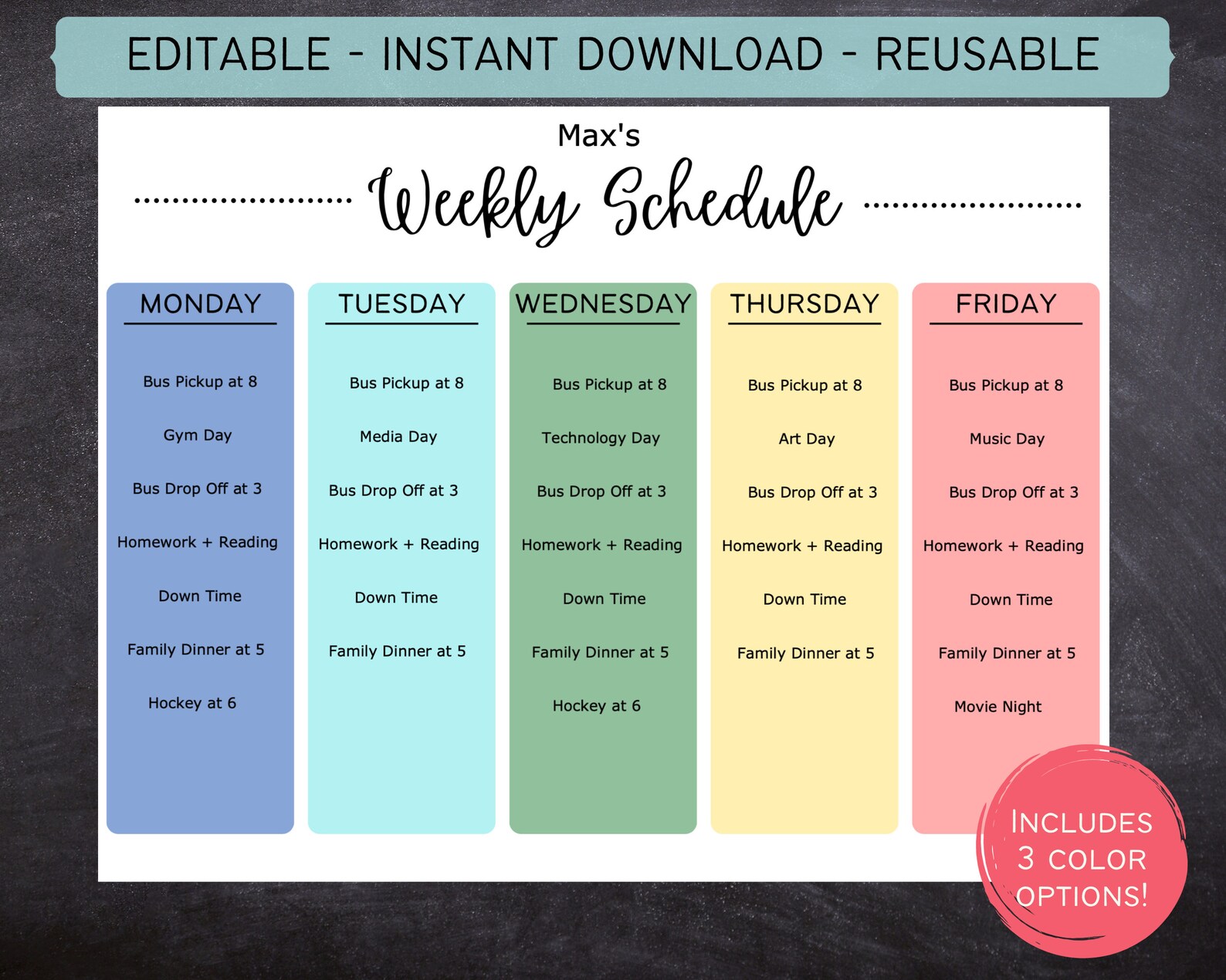 Printable Editable Weekly Schedule Simple Kids School and | Etsy