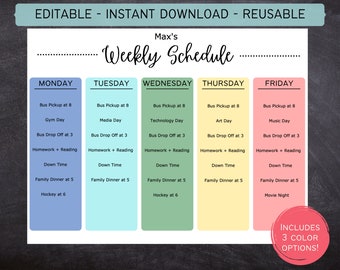 Printable Editable Weekly Schedule Simple Kids School and | Etsy