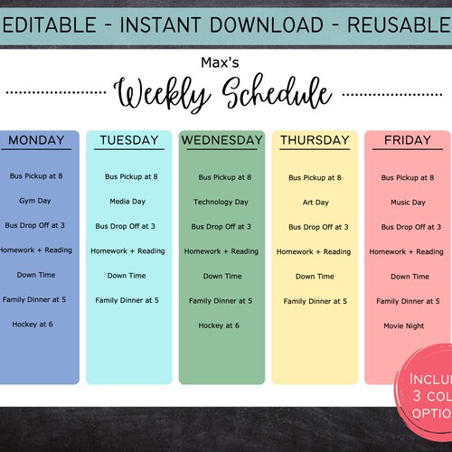 Printable Editable Weekly Schedule Simple Kids School and | Etsy
