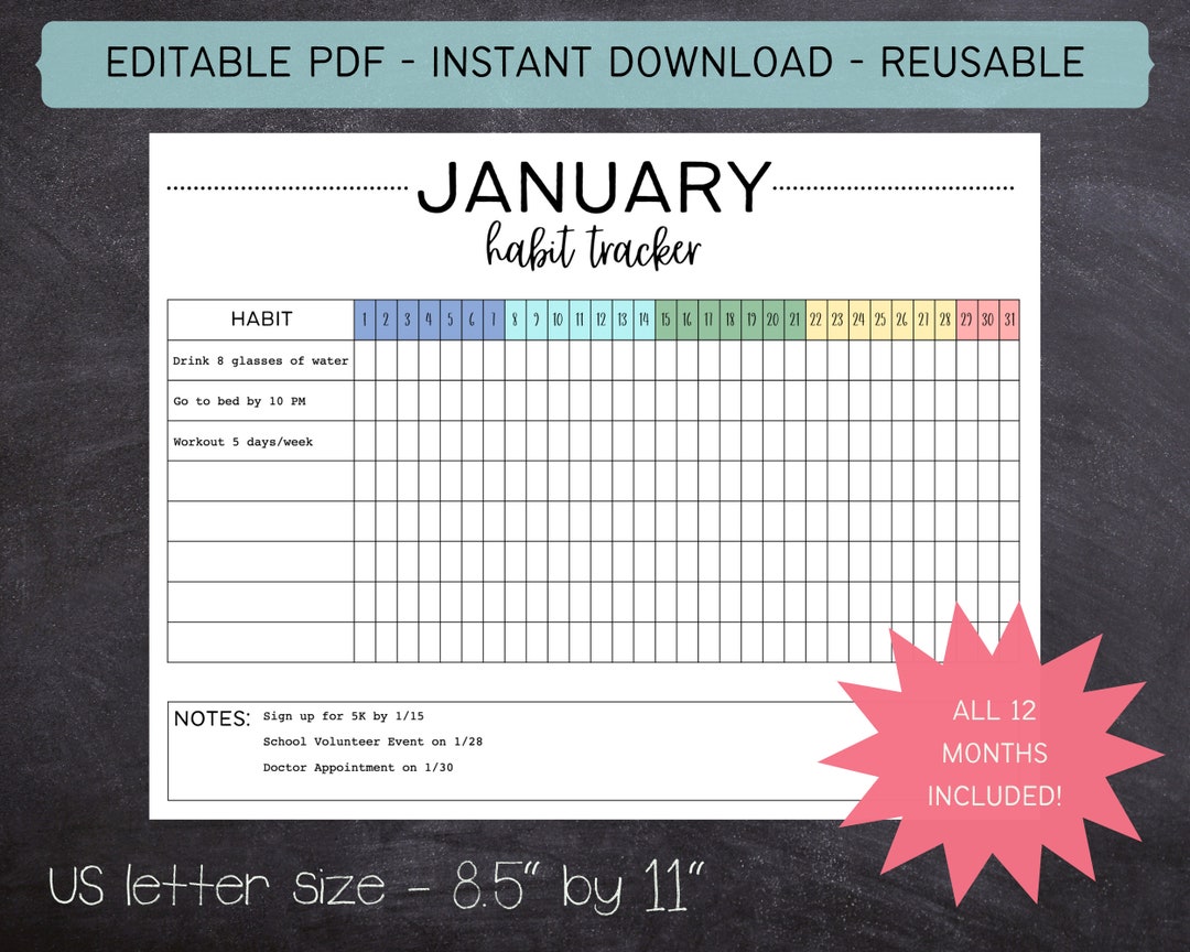 Printable Editable Monthly and Daily Habit Tracker Goal Planner Habit ...