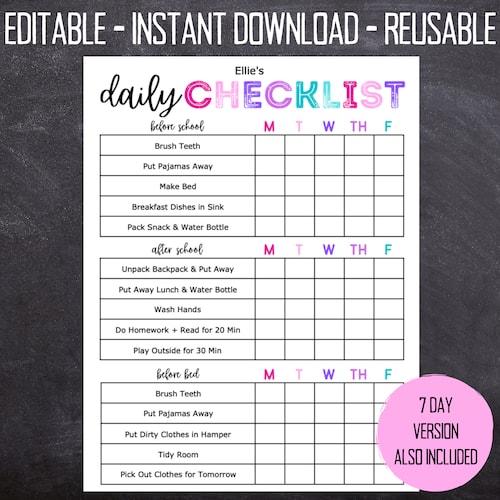 Printable Editable Daily Checklist for Kids Chore Chart for - Etsy